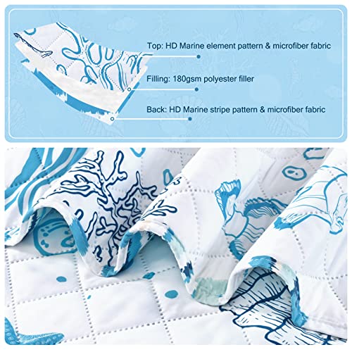 FRAMICS 3-Piece King Size Reversible Quilt Set Summer Quilt Lightweight Ocean Quilts Beach Bedspread Coverlet Blue Coral Conch Seashell Coastal Bedding for All Season(1 Quilt, 2 Pillow Shams)