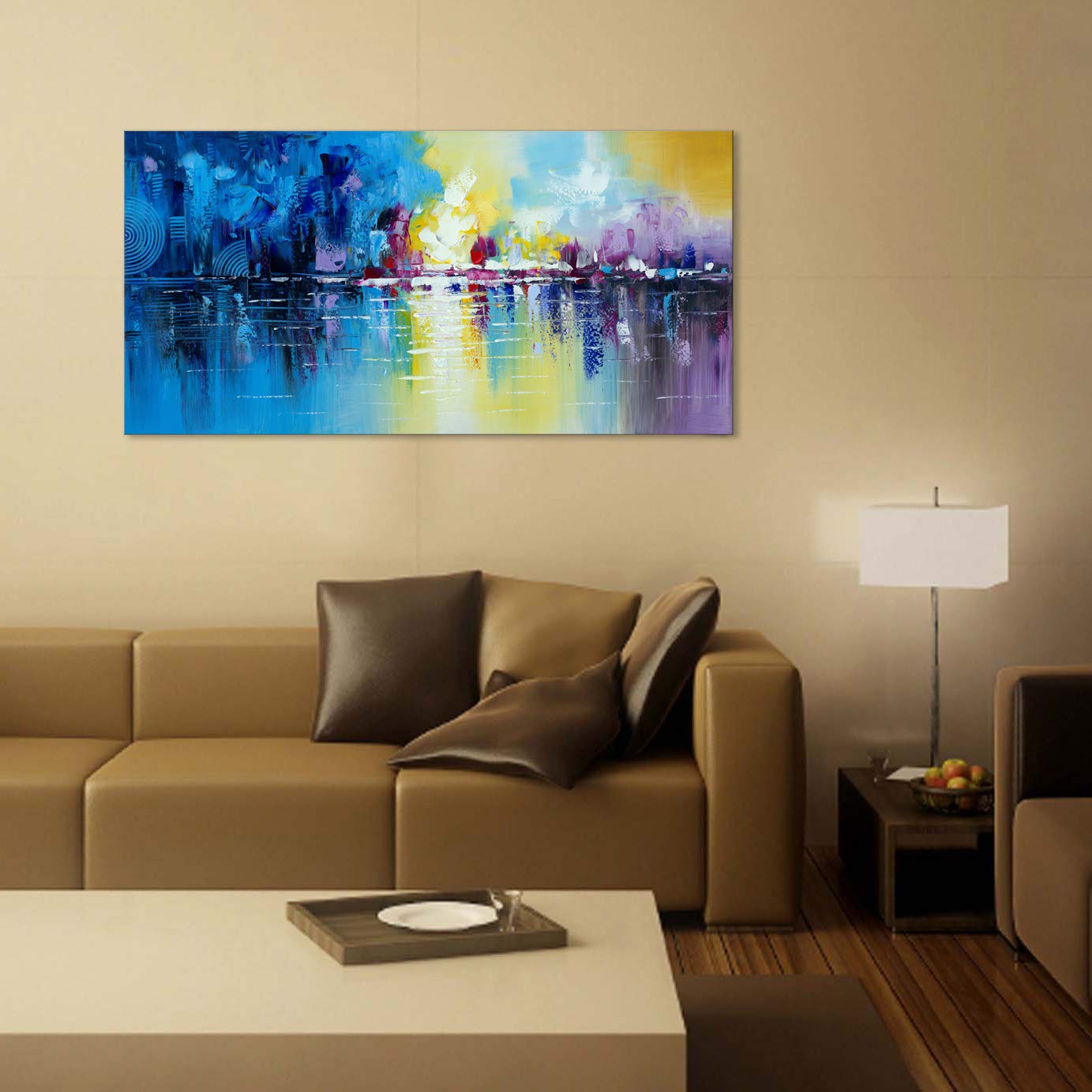 Abstract Cityscape Wall Art Handmade Blue Modern City Building Reflection Oil Paintings on Canvas