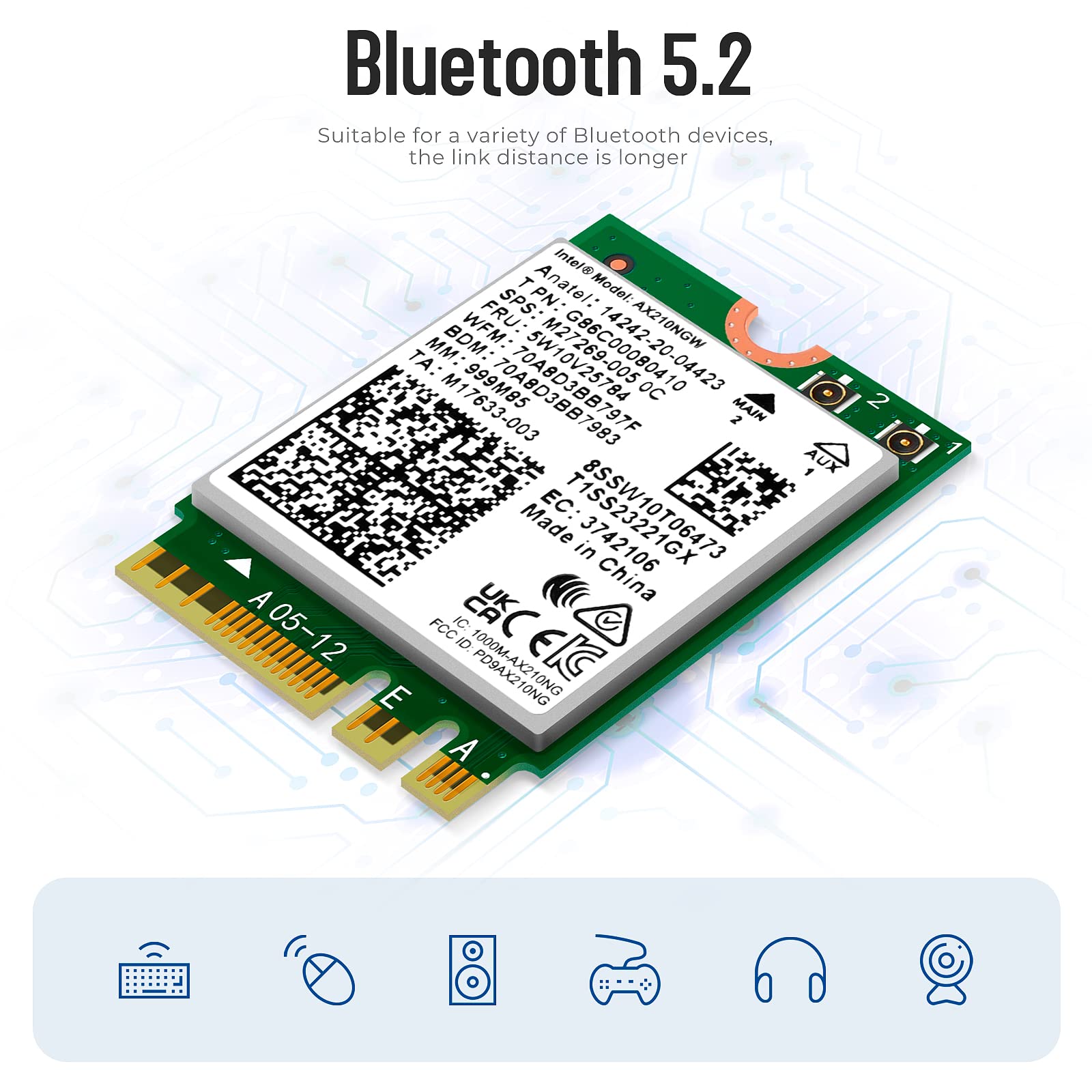 ALLONWAY AX210NGW WiFi Card, IntelWi-Fi 6E 802.11ac/ax WiFi 6e Module Expand to 6GHz MU-MIMO Tri-Band Internal Network Card with Bluetooth 5.2 for Laptop and PC, M.2/NGFF, Support Windows 10/11 64bit