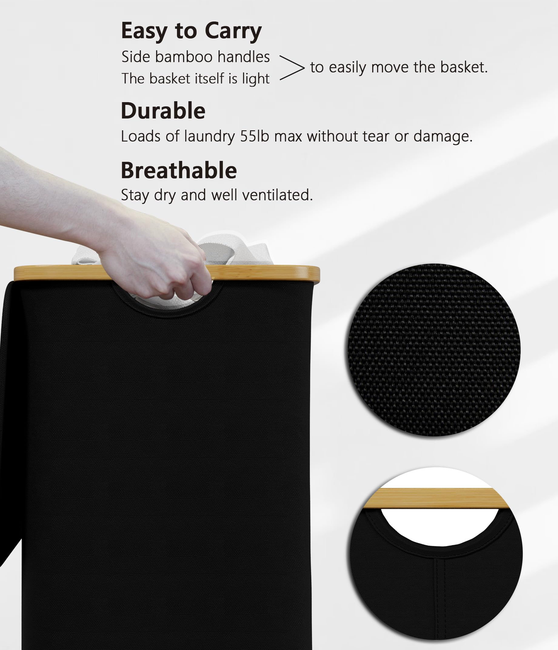 SUOCO Laundry Hamper with Wheels and Lid, 26 Gal (100L) Clothes Basket with Bamboo Handles, Large Foldable Laundry Hamper for Bedroom, Bathroom, Dorm, Laundry Room - Black