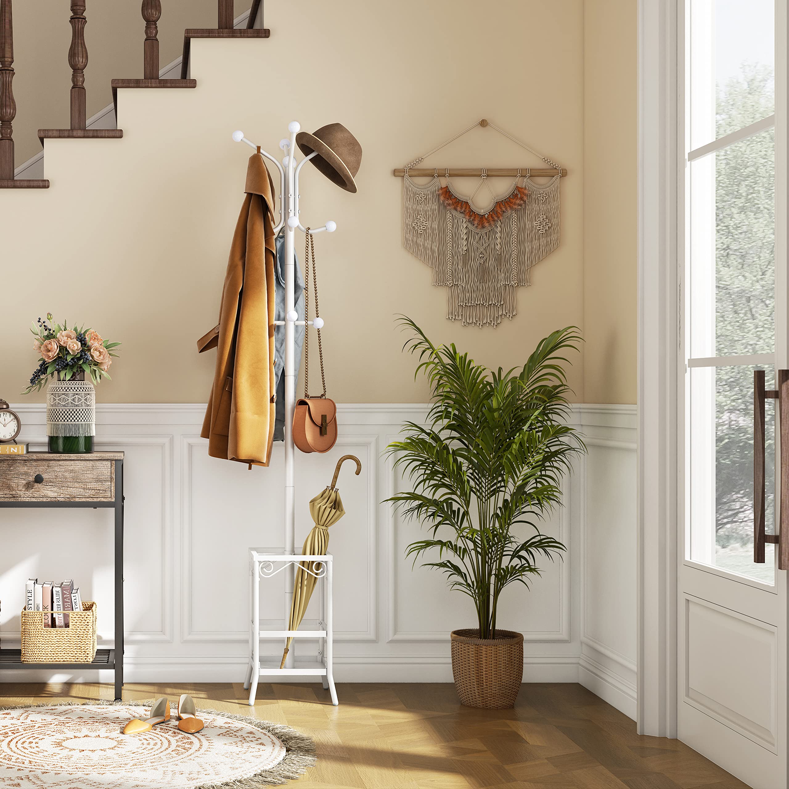 Hoctieon Coat Rack Freestanding, Entryway Coat Hanger Stand, Umbrella Holder, Hall Tree With 12 Hooks, Floor Standing Metal Tree Stand, White