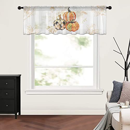 Chiffon Window Valance Kitchen Curtains Fall Thanksgiving Pumpkin White,Rod Pocket Tier Curtain Light Filter Panel,Farmhouse Gold Foil Botanical Windows Valances Drapes for Bedroom,Bathroom 54x18In