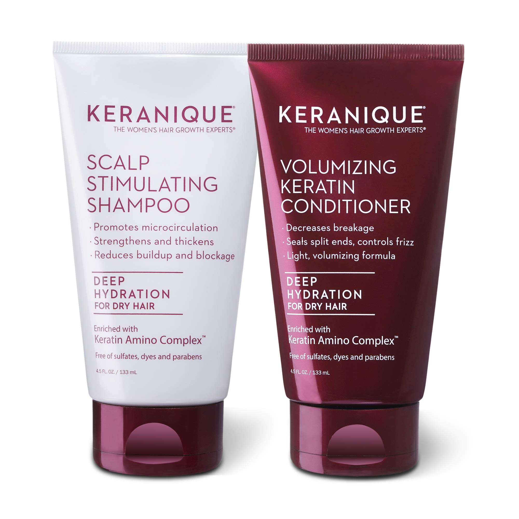 Keranique Keratin Shampoo and Conditioner Set for Dry Thinning Hair, Sulfates/Parabens Free, stimulates scalp to nourish/rejuvenate hair follicles for healthy Thicker Fuller Hair 4.5 OZ each