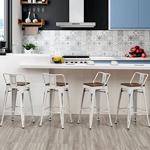 Andeworld Bar Stools Set of 4 Counter Height Stools Industrial Metal Barstools with Wooden Seats(30 Inch, Distressed White)
