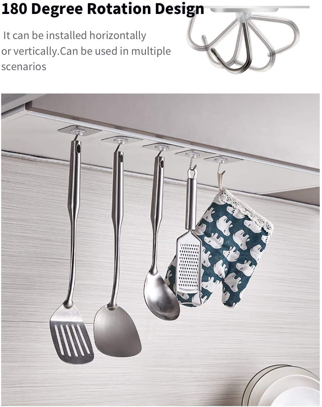 Adhesive Hooks Utility Hooks 44 lb/ 20 kg(Max), Heavy Duty Coat Hooks Waterproof and Oilproof Seamless Hooks, Reusable Wall Hook for Bathroom Kitchen