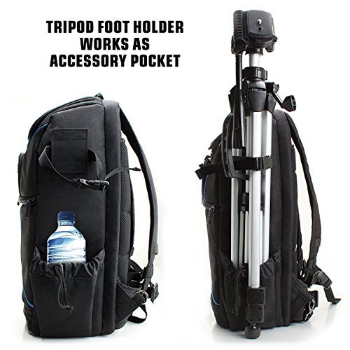 USA GEAR DSLR Camera Backpack Case - 15.6 inch Laptop Compartment, Padded Custom Dividers, Tripod Holder, Rain Cover, Long-Lasting Durability and Storage Pockets - Compatible with Many DSLRs (Blue)