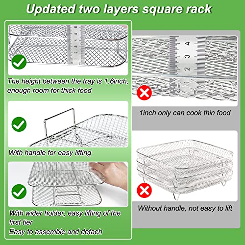 BYKITCHEN Square Air Fryer Rack for Cosori, Instant Vortex, Nuwave Air Fryer, 2pcs 8 inch Stackable Multi-Layer Stainless Steel Dehydrator Rack, Ninja Foodi Grill Square Air Fryer Accessories