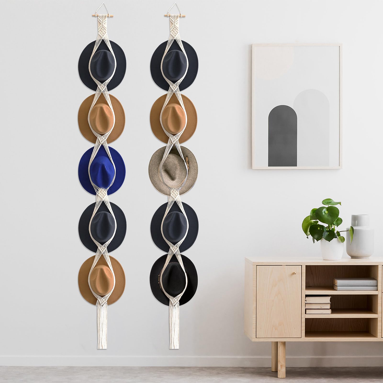 SVICCOOKQ 2Pcs Macrame Hat Hanger, Boho Hat Hangers for Wall, Decorative Bohemian Hand Weaving Hat Rack for Wide Brim Fedoras Caps - 78.74 Inches
