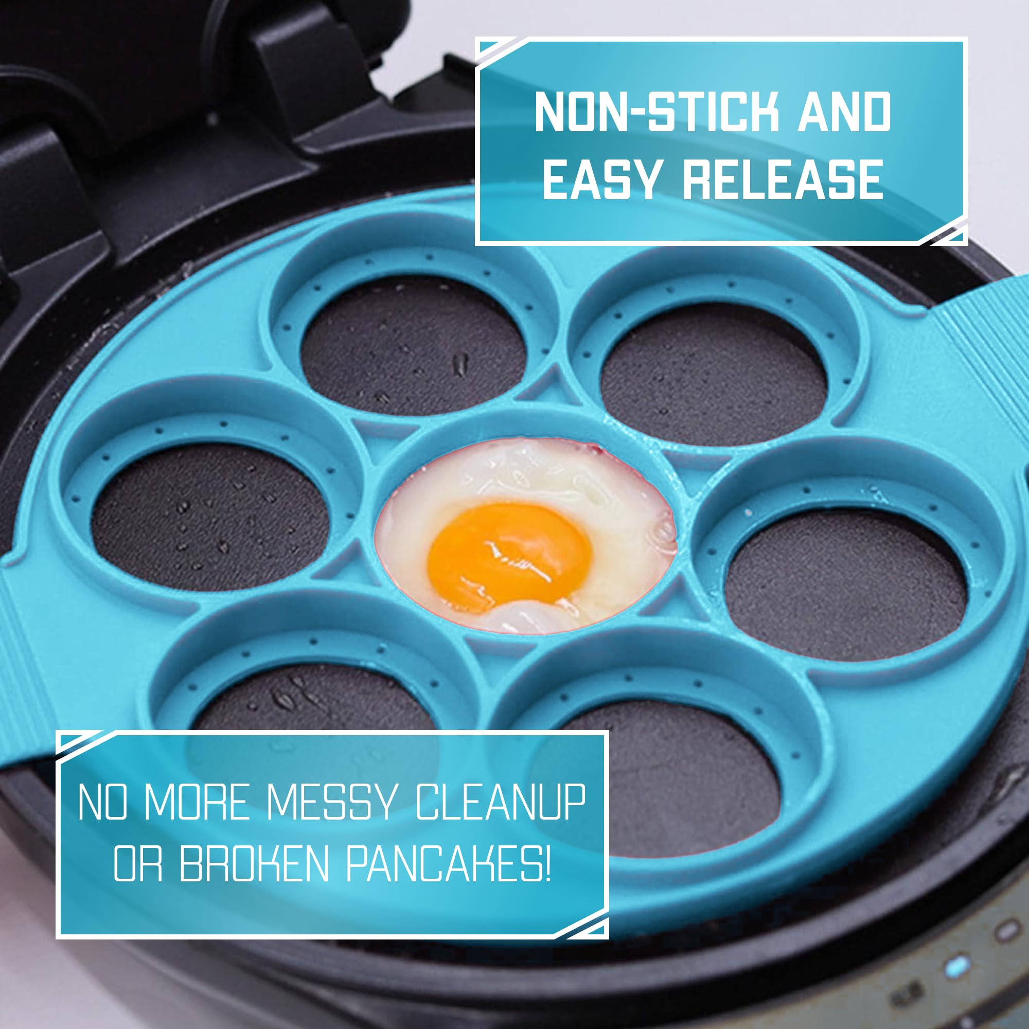 BIOPRONEXT Non Stick Pancake Maker - 7 Circles Mini Pancake Mold - Silicone Pancake Mold - Silicone Egg Rings for Griddle with Handles - Pancake Molds for Griddle Frying Eggs - Blue
