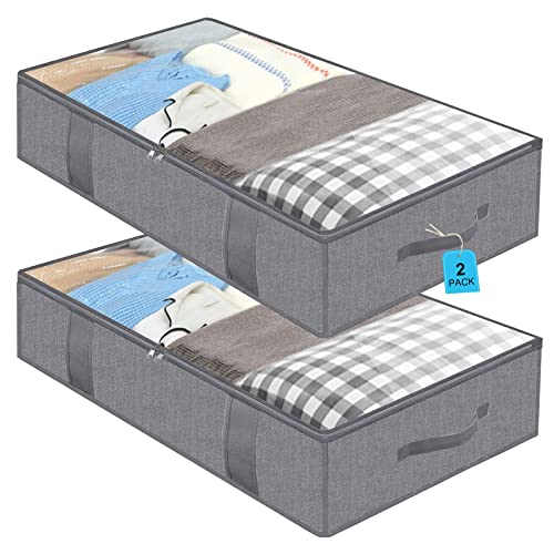 homyfort Underbed Storage Bags Containers 2 Pack - Large Capacity Under Bed Storage Box with 4 Handles and Sturdy Zippers,Clear Window for Blankets,Clothes,Comforters (Grey)
