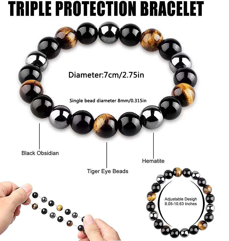 7 Chakra Yoga Meditation Bracelet Protection Bracelet , Double Layer Natural Gemstone Beads Bracelets,Tigers Eye Black Obsidian Hematite Black Agate Healing Crystal Bracelet,Feng Shui Handmade