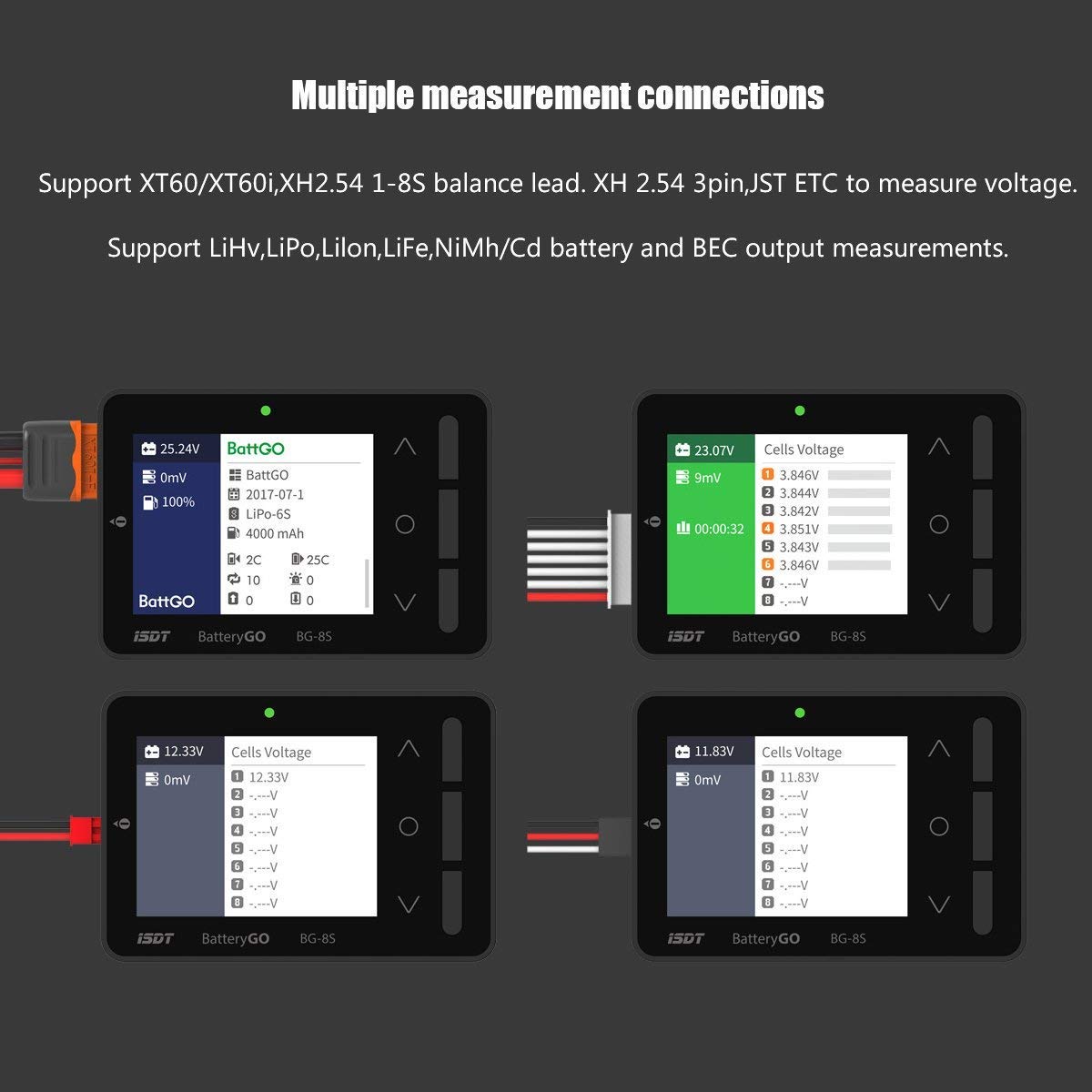 ISDT BattGo BG-8S Battery Meter, LCD Display Digital Battery Capacity Checker Battery Balancer Battery Tester for LiPo/Life/Li-ion/NiMH/Nicd