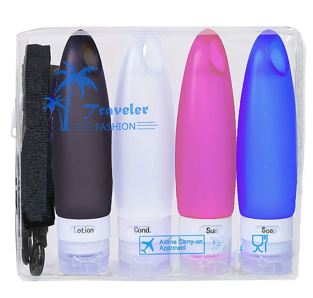 SANTREST Gym Refillable Bottles Leak Proof Camping Travel Containers with Shower Lanyard,3.3oz TSA Approved Squeezable Silicone Travel Tube Set for Gym Shampoo Lotion Soap