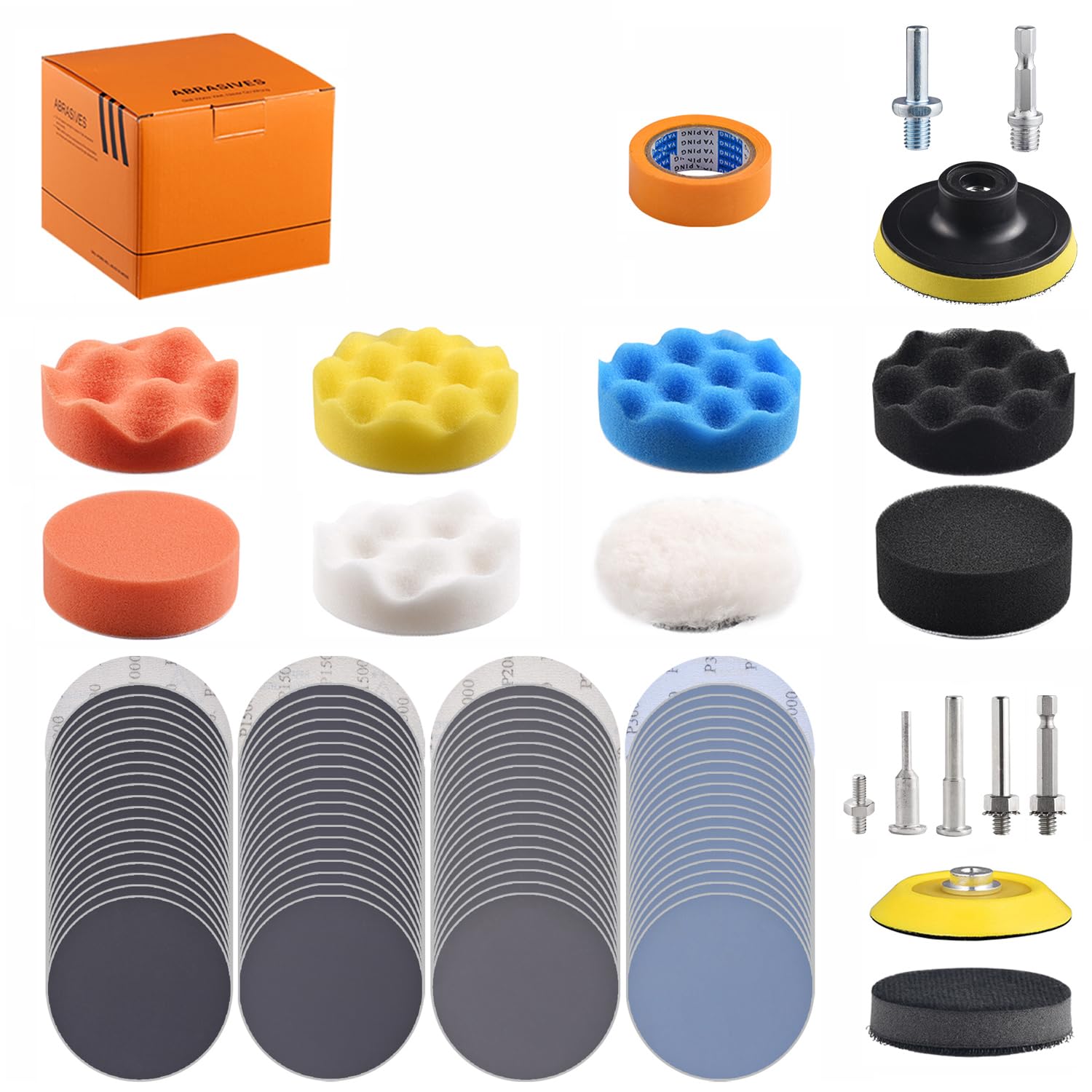 98Pack 3 Inch Car Buffer Polisher Kit with 5/16" & 1/4" Shanks for Sanding, Polishing, Waxing, Sealing Glaze,Sanding Pads Includes P1000-3000 for Drill Attachment