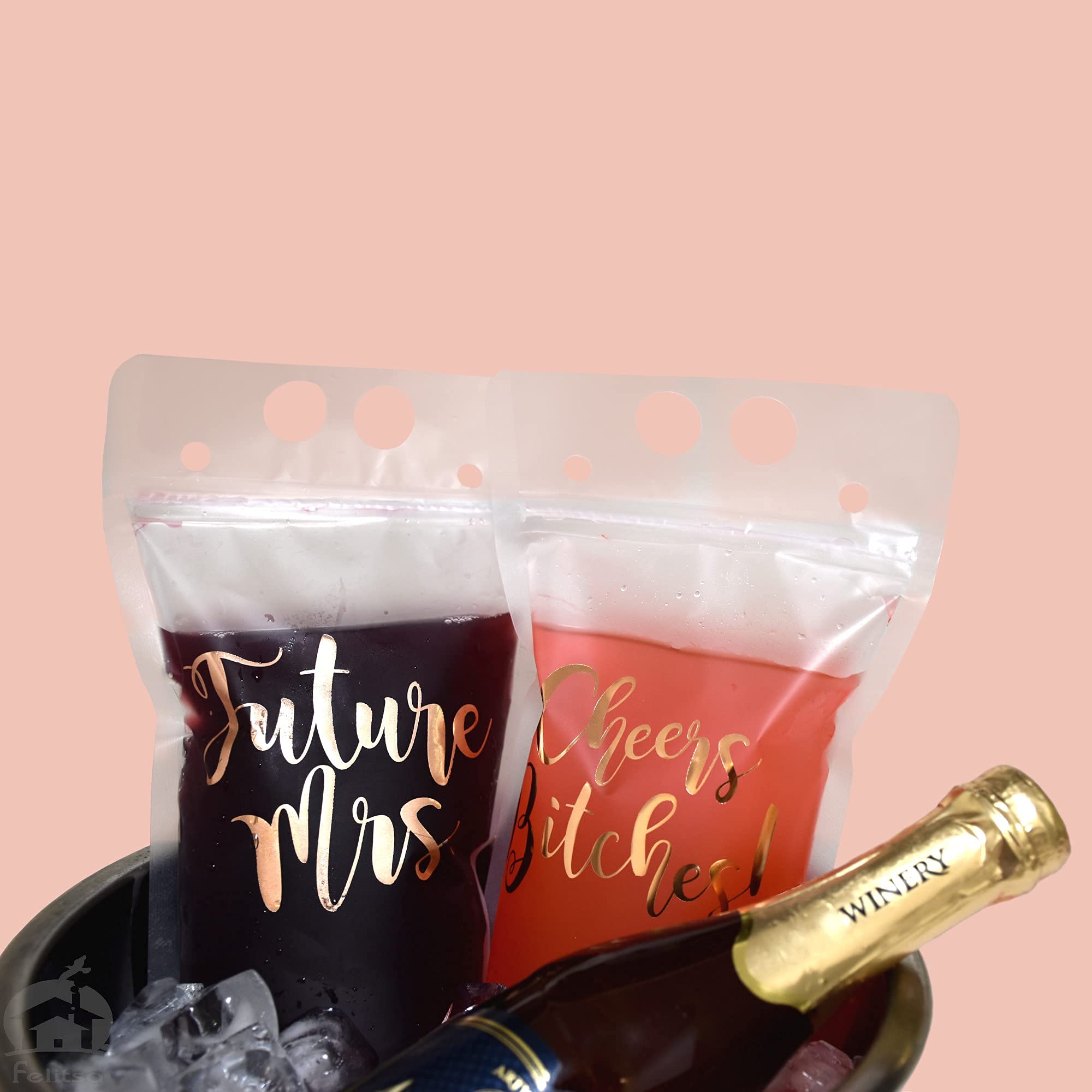 Bachelorette Drink Pouch Cups with Straws (Rose Gold) 16 Count, 15 Oz. - Engagement Party Decoration and Bride To Be Gift
