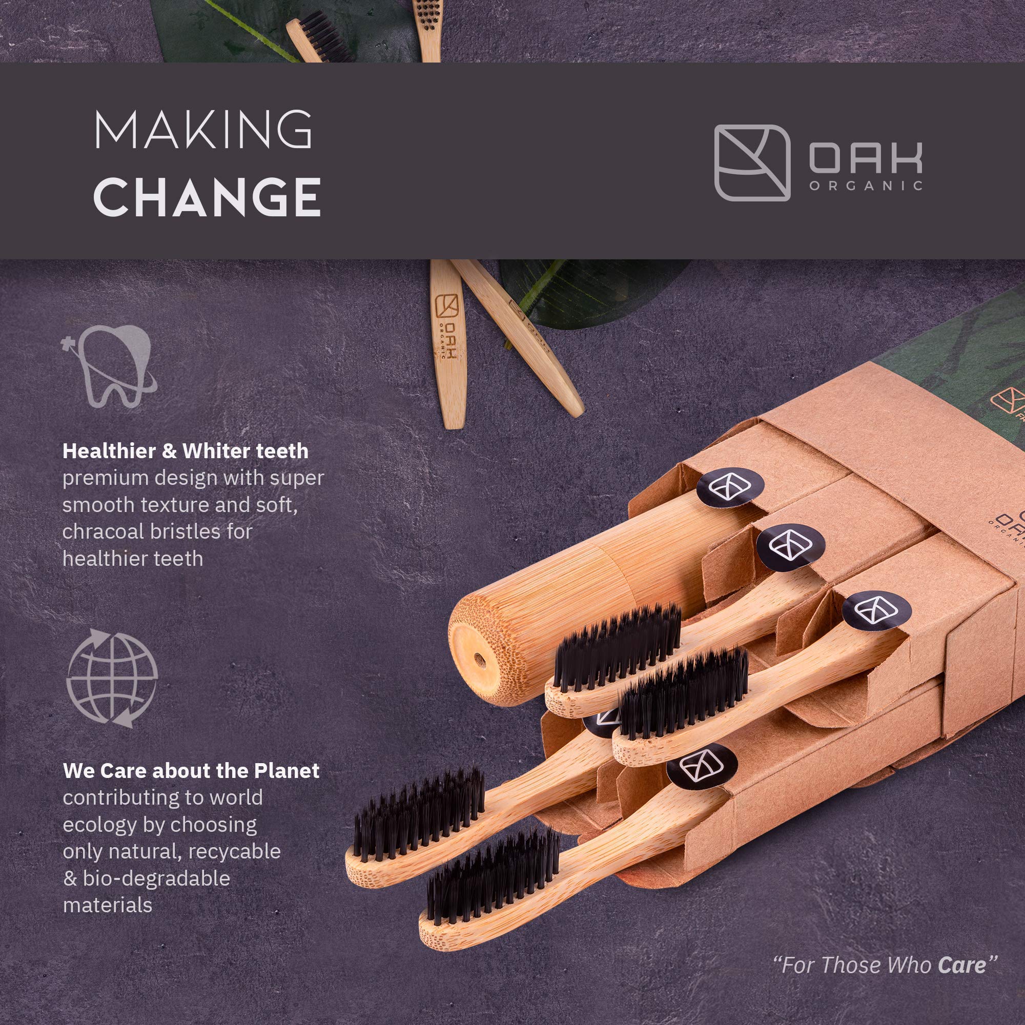 OAK ORGANIC Charcoal Toothbrush – Get Sparkling Clean Teeth – Natural Soft Bamboo Charcoal Toothbrush with Travel Case – Biodegradable Wooden Eco Toothbrush – 4 Set - EARTH, AIR, FIRE, WATER