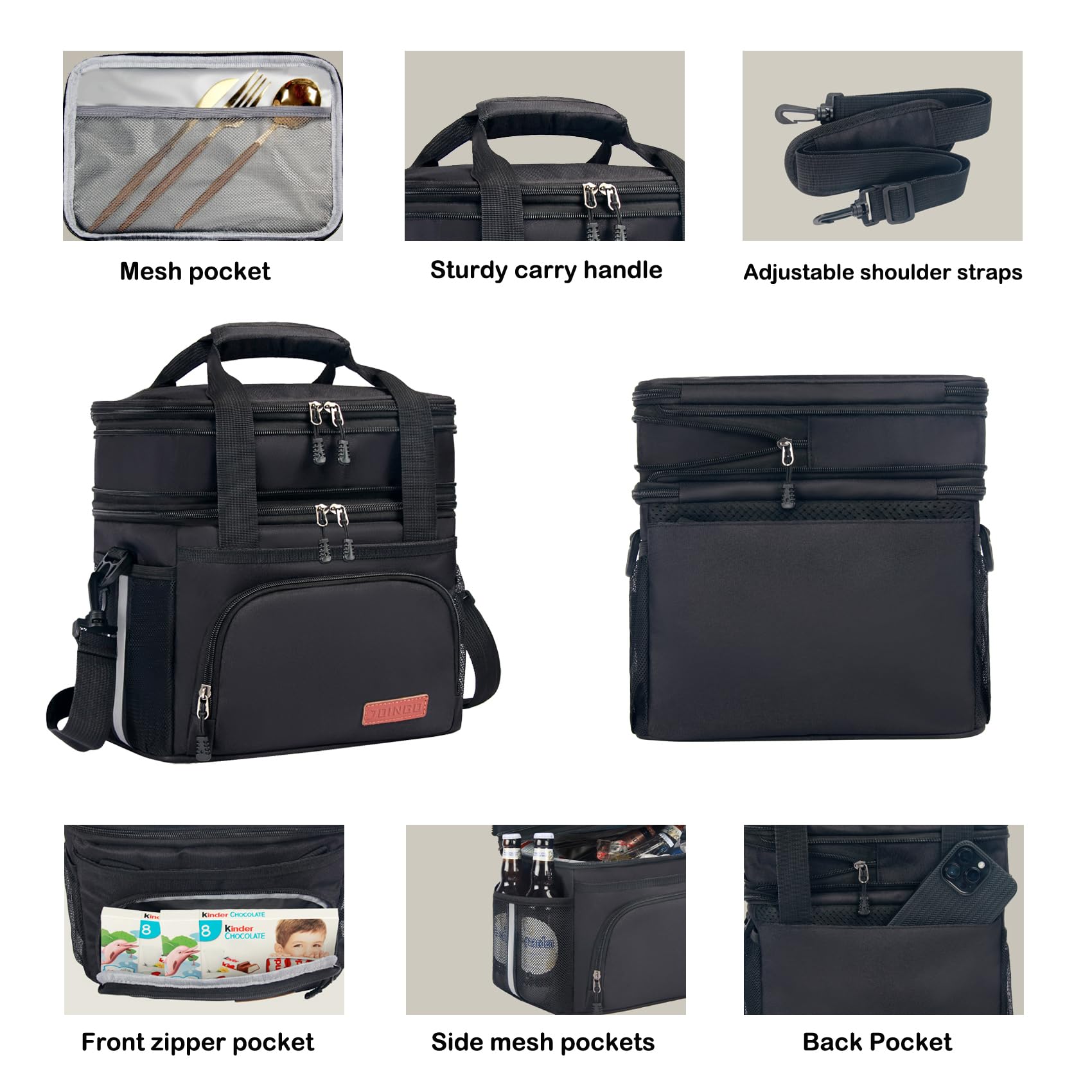 JOINGO Lunch Box For Men/Women,Large Double-layer Insulated Expandable Reusable Leakproof Cooler Bags For Adults,Lunch Box With Adjustable Shoulder Strap For Office Travel Picnic(Black)