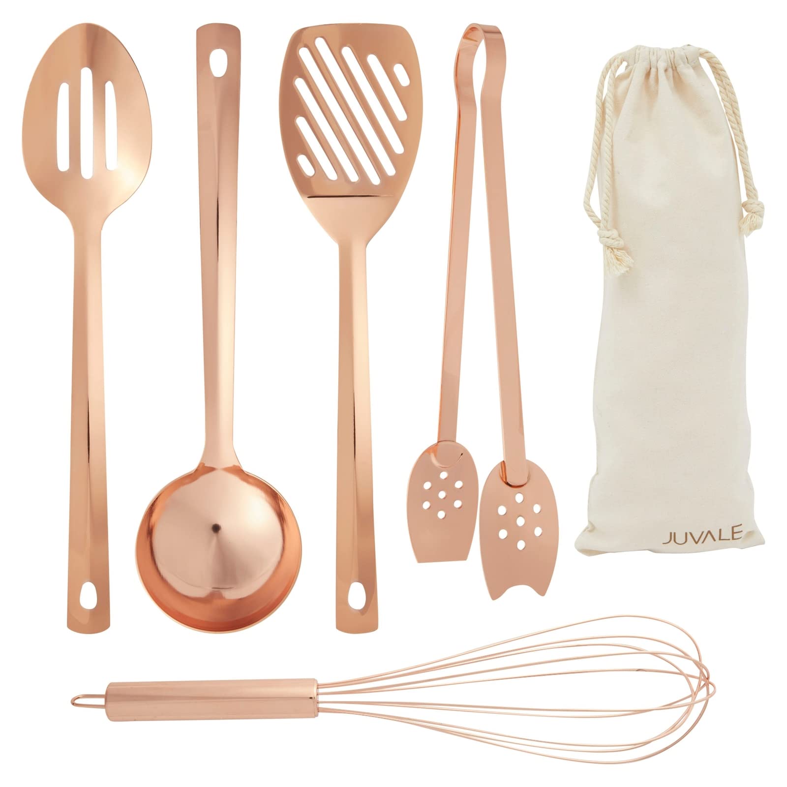 5 Pcs Copper Cooking Utensils Set, Rose Gold Cookware with Ladle, Whisk, Tongs, Slotted Spatula, Spoon, Copper Kitchen Tool Set, Cooking Accessories and Serving Utensils