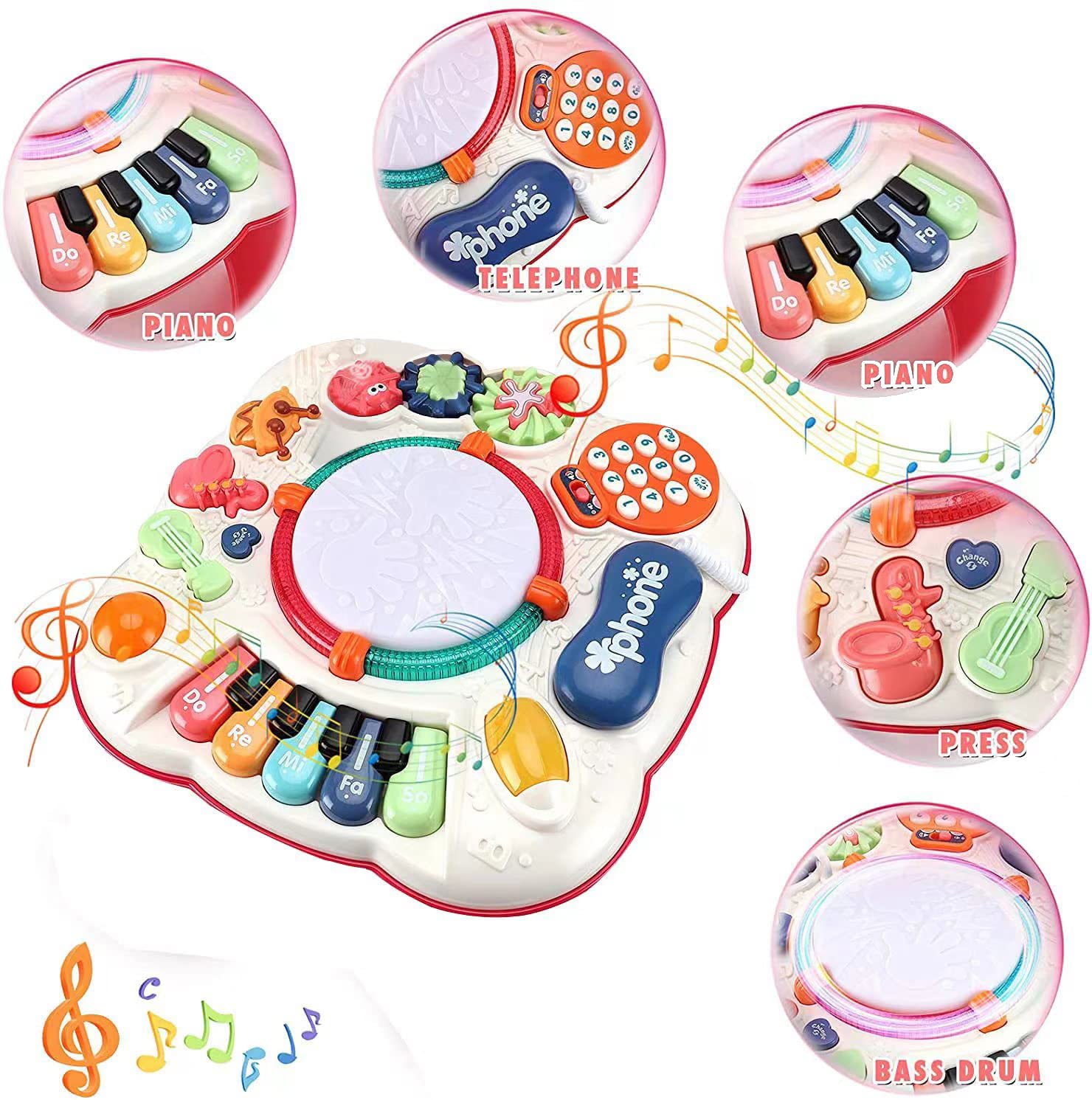 Dahuniu Baby Toys 6 to 12 Months, Learning Musical Table, Activity Table for 1 2 3 Years Old, 11.8 x 11.8 x 12.2 inches (Red)