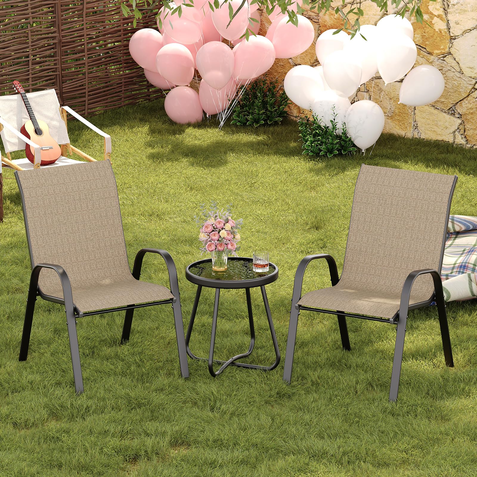 Amopatio 3 Piece Patio Set, Outdoor Stackable Dinging Chairs for All Weather, Breathable Garden Outdoor Furniture for Backyard Deck, Brown
