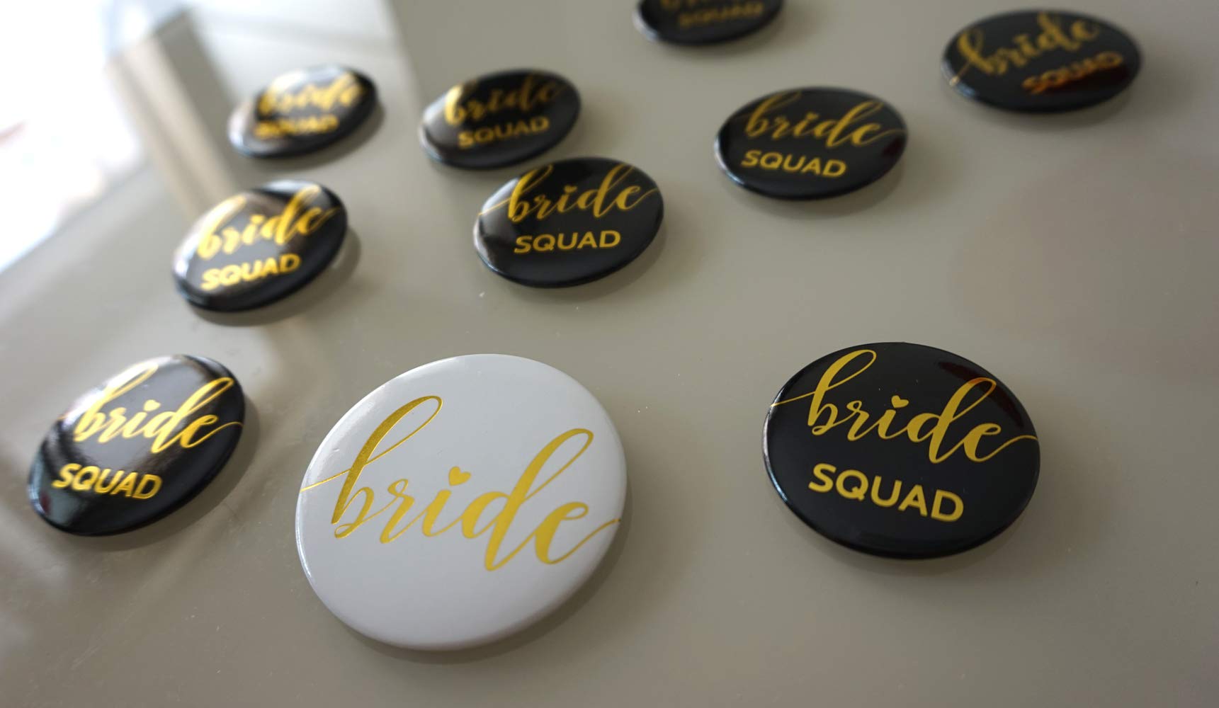 Bachelorette Party Gold Foil Buttons Bride and Bride Squad Pins Wedding Party Last Fling Bridal Shower (16 Badges, Black)