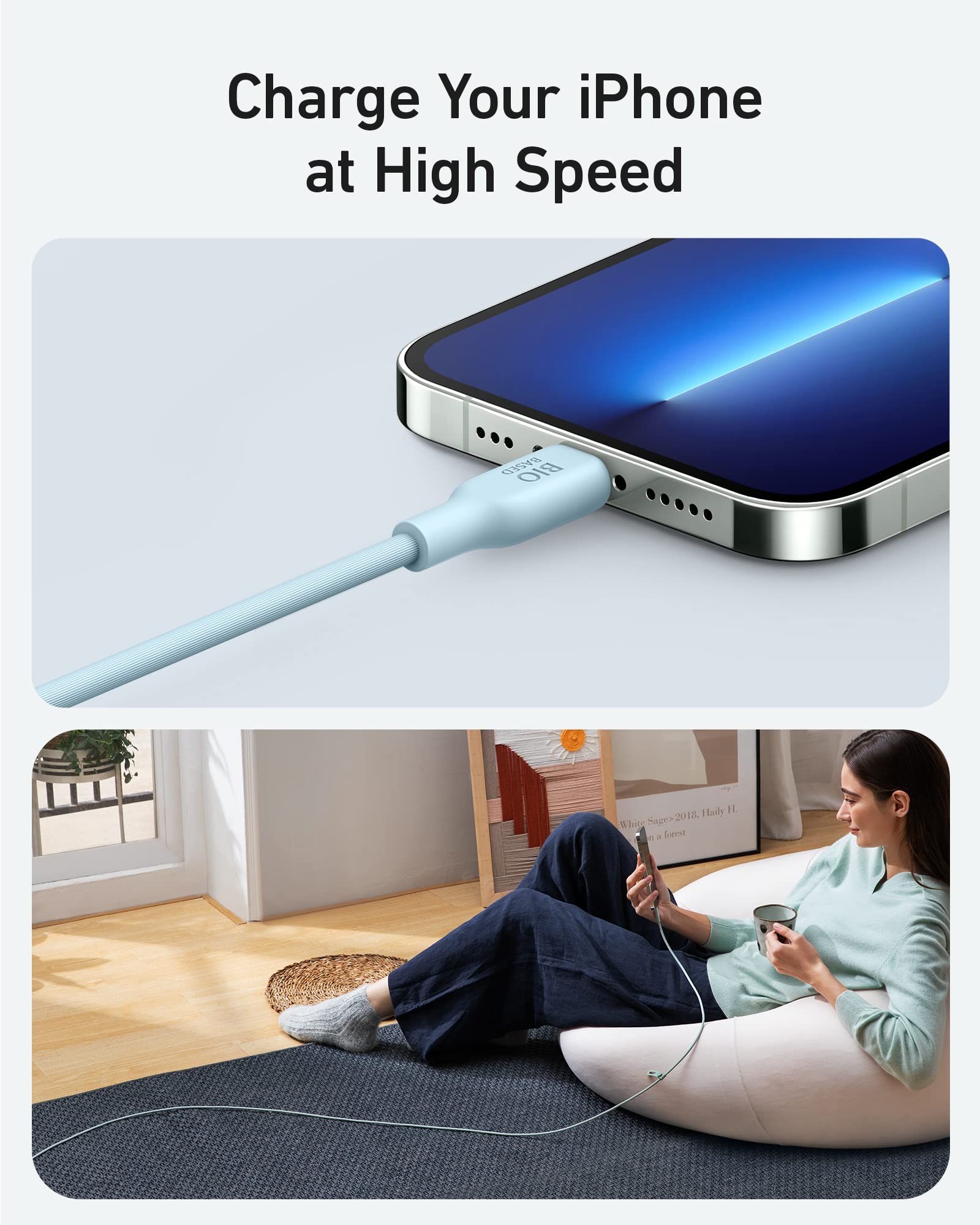 Anker USB-C to Lightning Cable, Anker 541 Cable (6ft), MFi Certified, Bio-Based Fast Charging Cable & Anker USB C GaN Charger 30W, 511 Charger (Nano 3), PIQ 3.0 Foldable PPS Fast Charger(Misty Blue)