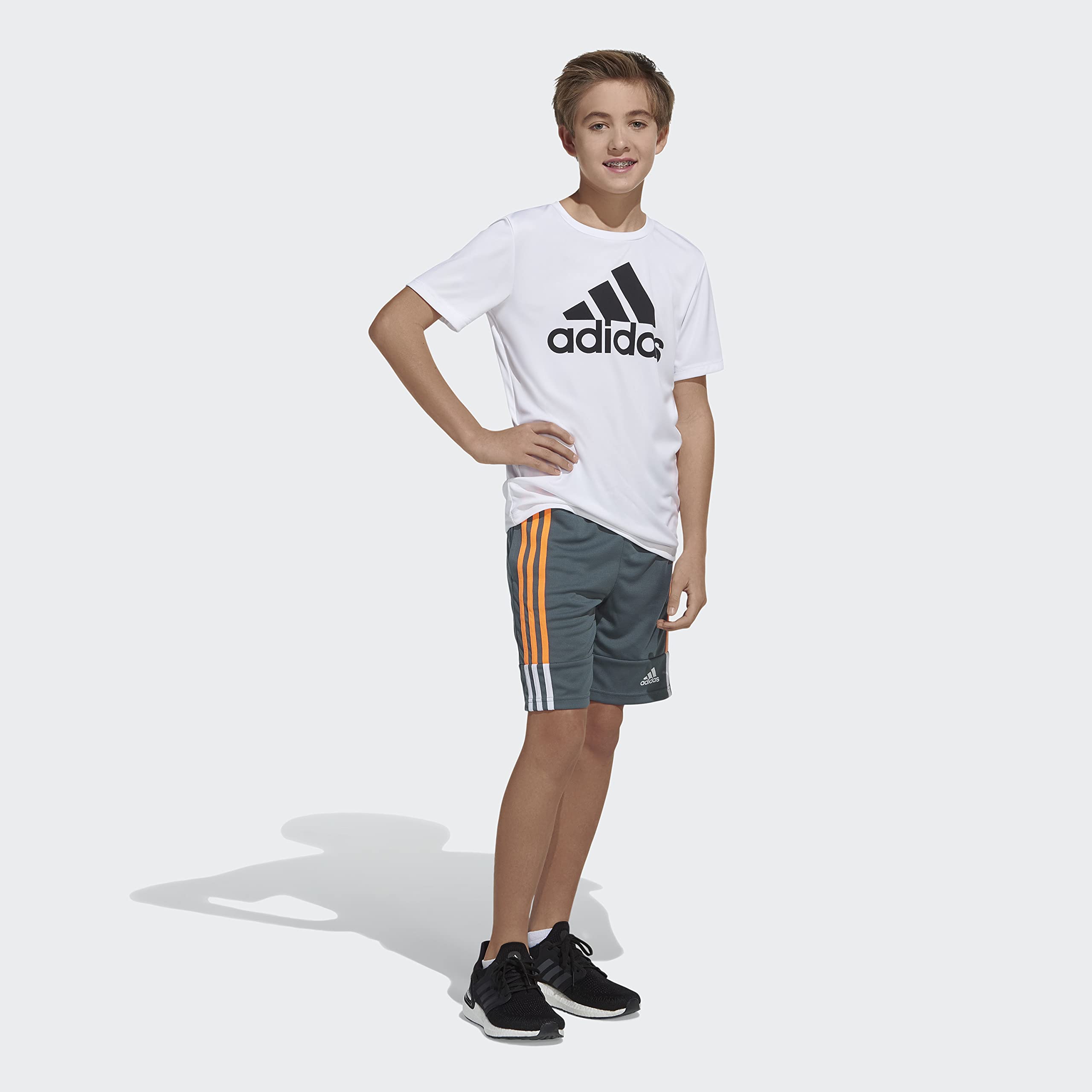 adidas Boys' Clashing 3-Stripes Shorts, Grey/Orange, Small