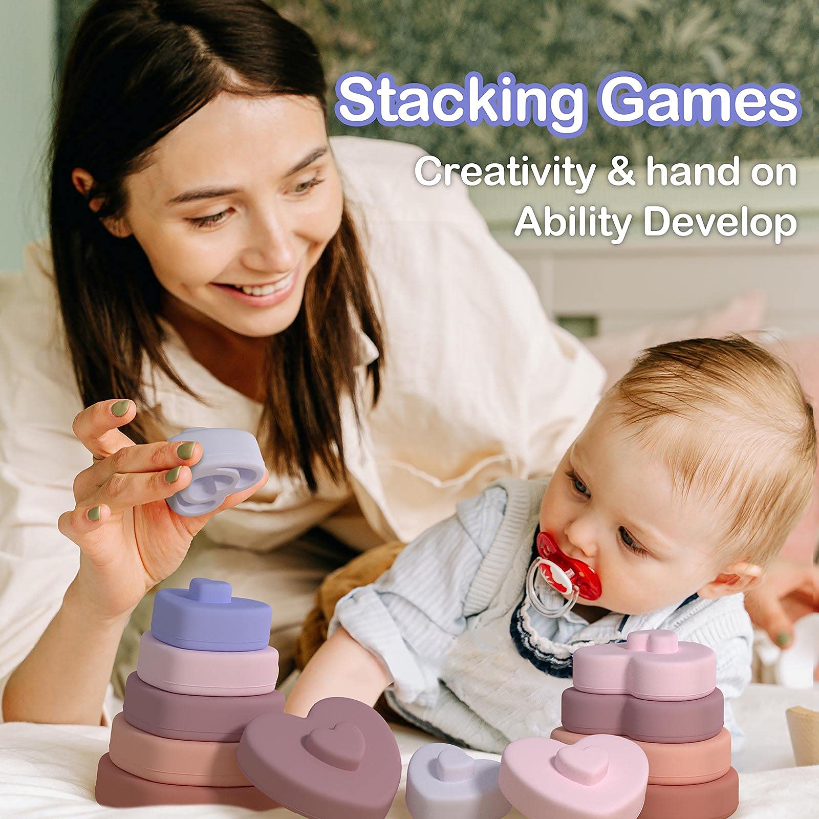 Baby Silicone Stacking & Nesting Toys, Christmas 6 pcs Heart Building Stacker Blocks Tower, Soft Chew Natural Teether Montessori Toys, 6+ Months Toddler Boys & Girls Early Education Learning