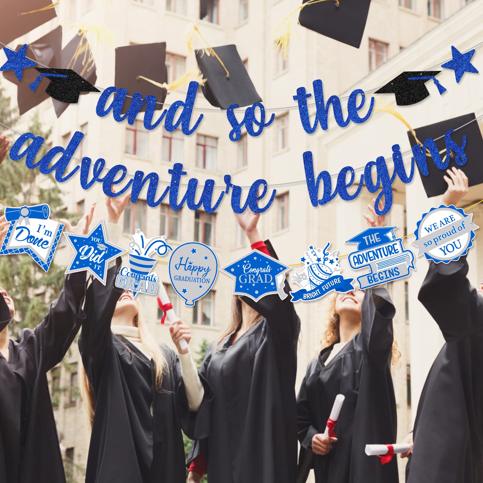 Blue and White And So The Adventure Begins Banner Blue and White Graduation Party Decorations 2024 Blue Graduation Decorations Class of 2024 Graduation Party Decorations 2024 Blue