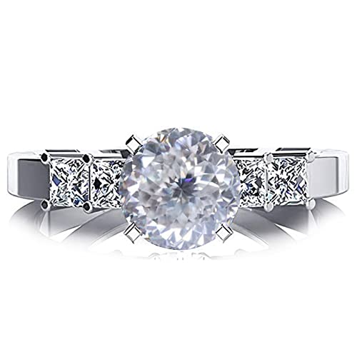 5 Stone 1CT 6.5 MM White Color Round Shape Portuguese Cut beautiful Moissanite Ring In 925 Sterling Silver For Women's Engagement Wedding (White, 8.5)