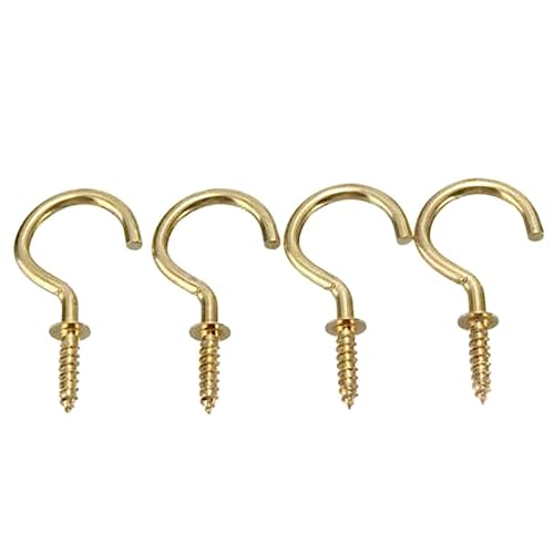LANSEYQO Mini Ceiling Screw Hooks, 50 Pcs (1/2 inch) Hanging Cup Hooks Brass Plated Screw-in Hooks for Hanging Plants Mug Arts Decorations, Gold