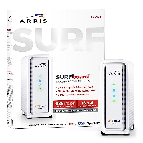 ARRIS SURFboard SB6183-RB DOCSIS 3.0 16x4 Gigabit Cable Modem, Comcast Xfinity, Cox, Spectrum and more, 1 Gbps Port, 400 Mbps Max Internet Speed, Easy Set-up with SURFboard Central App - RENEWED