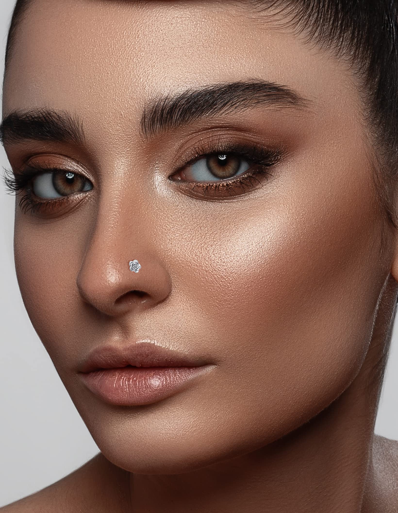 Akeoqi 12Pcs Nose Stud L Shape Nose Rings Cubic Zirconia Butterfly Flower Eye Moon Heart Crown Lightning Piercing Jewelry for Women Men 20G Silver Tone