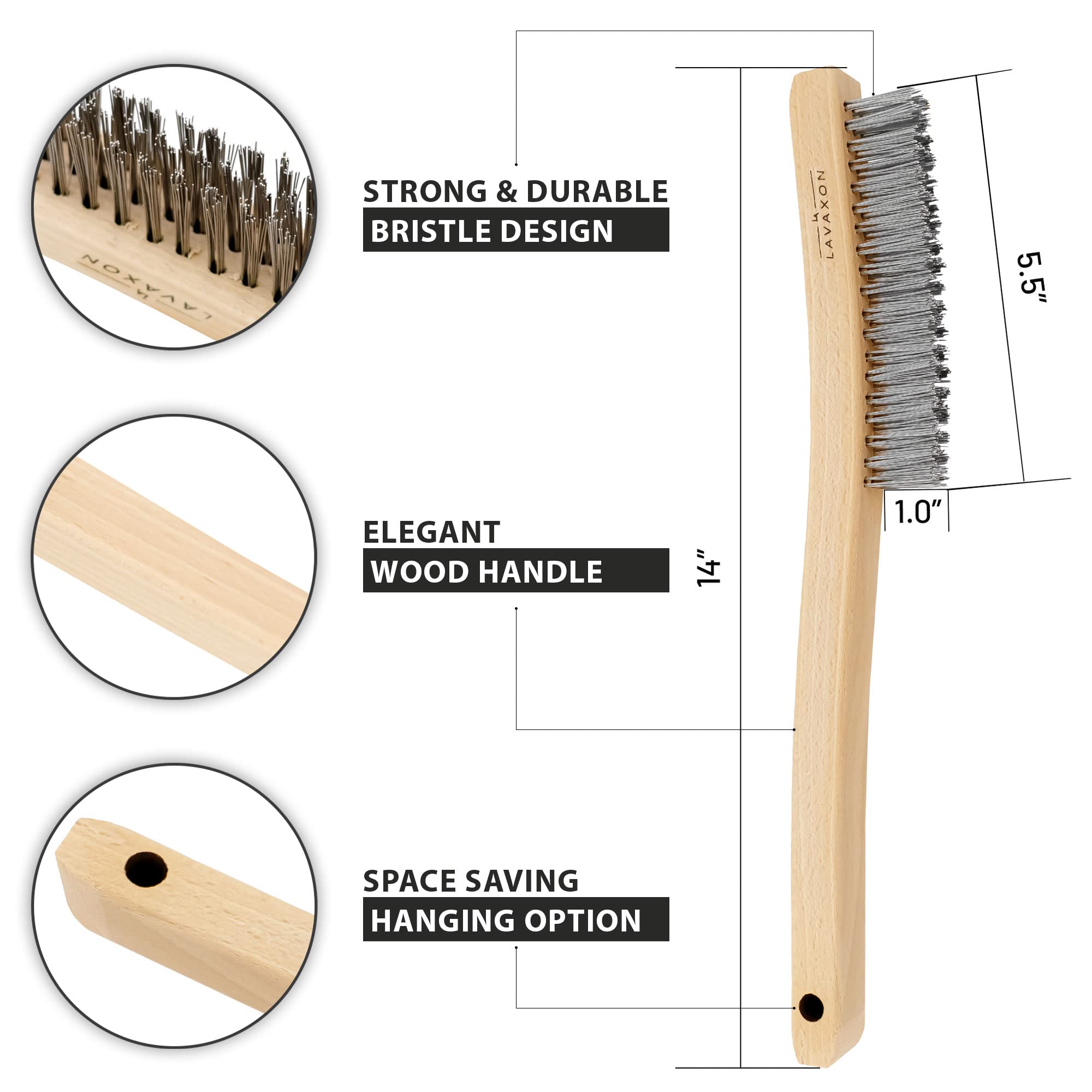 Lavaxon Wire Brush Set-Heavy Duty Stainless & Carbon Steel Bristles with Wood Handle Grip for Rust, Wielding Slag, Dirt & Paint Scrubbing with Deep Cleaning โ 14 Inches (Pack of 2)