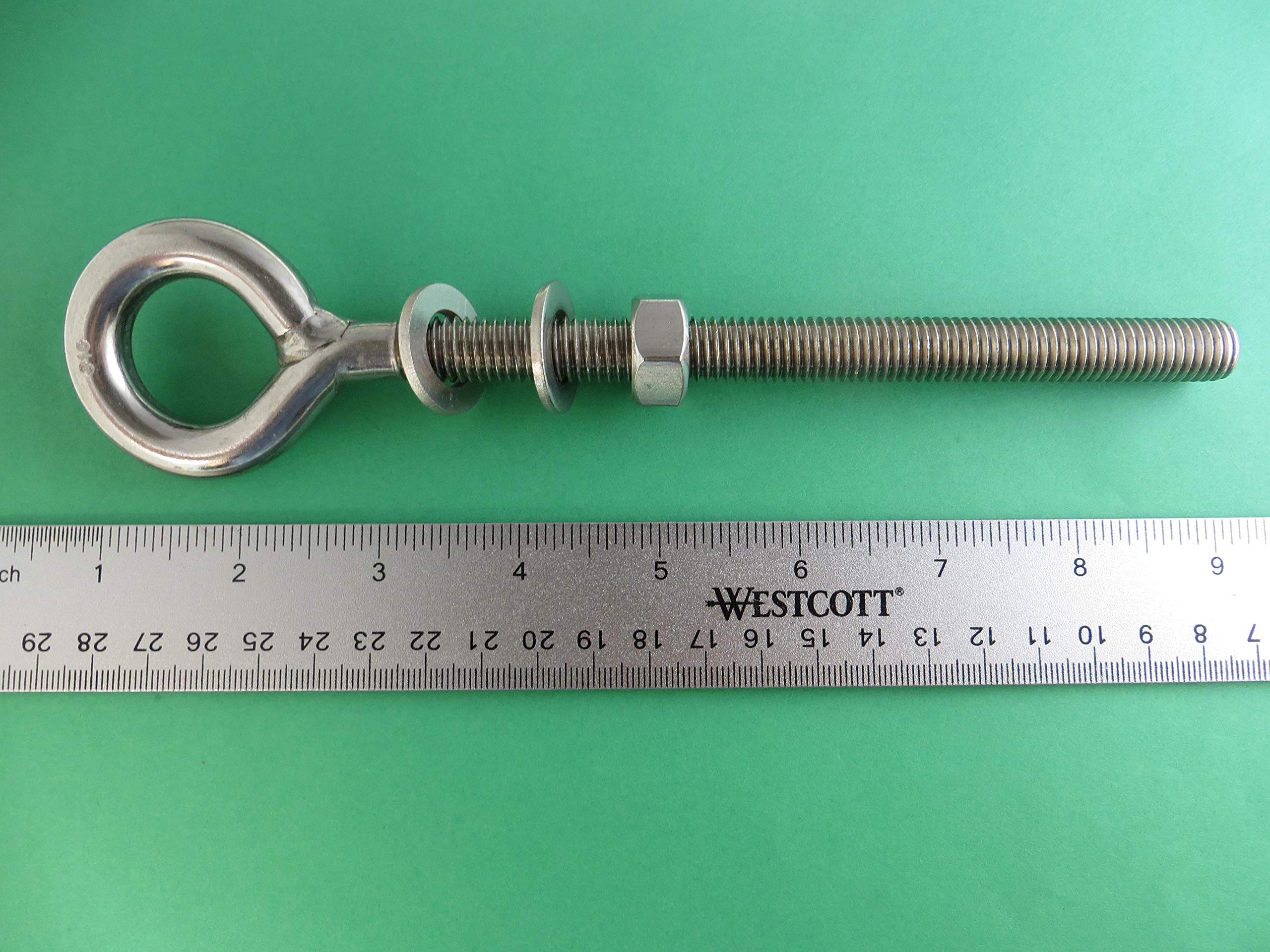 US STAINLESS 2 Pieces Stainless Steel 316 M12 Eye Bolt 12mm x 150mm Bolt Marine Grade Pitch of 1.75