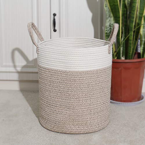 Woven Cotton Rope Basket, Tall Laundry Blanket Storage Basket with Built-in Sturdy Handles, Baby Nursery Bin for Home Decor and Organizing