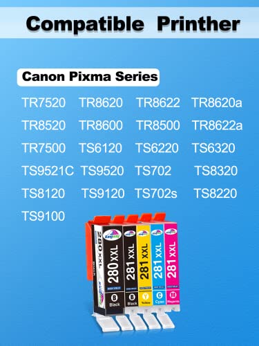 KINGWAY 280 281 XXL Ink Cartridges Replacement for Canon 280XL PGI-280 281 XL CLI-281 XL (for Canon tr8620 Ink cartridges) Work with TR8620a TR8520 TR8600 TS9120 TS9521C TS6120 TR8622 Printer, 5 Pack
