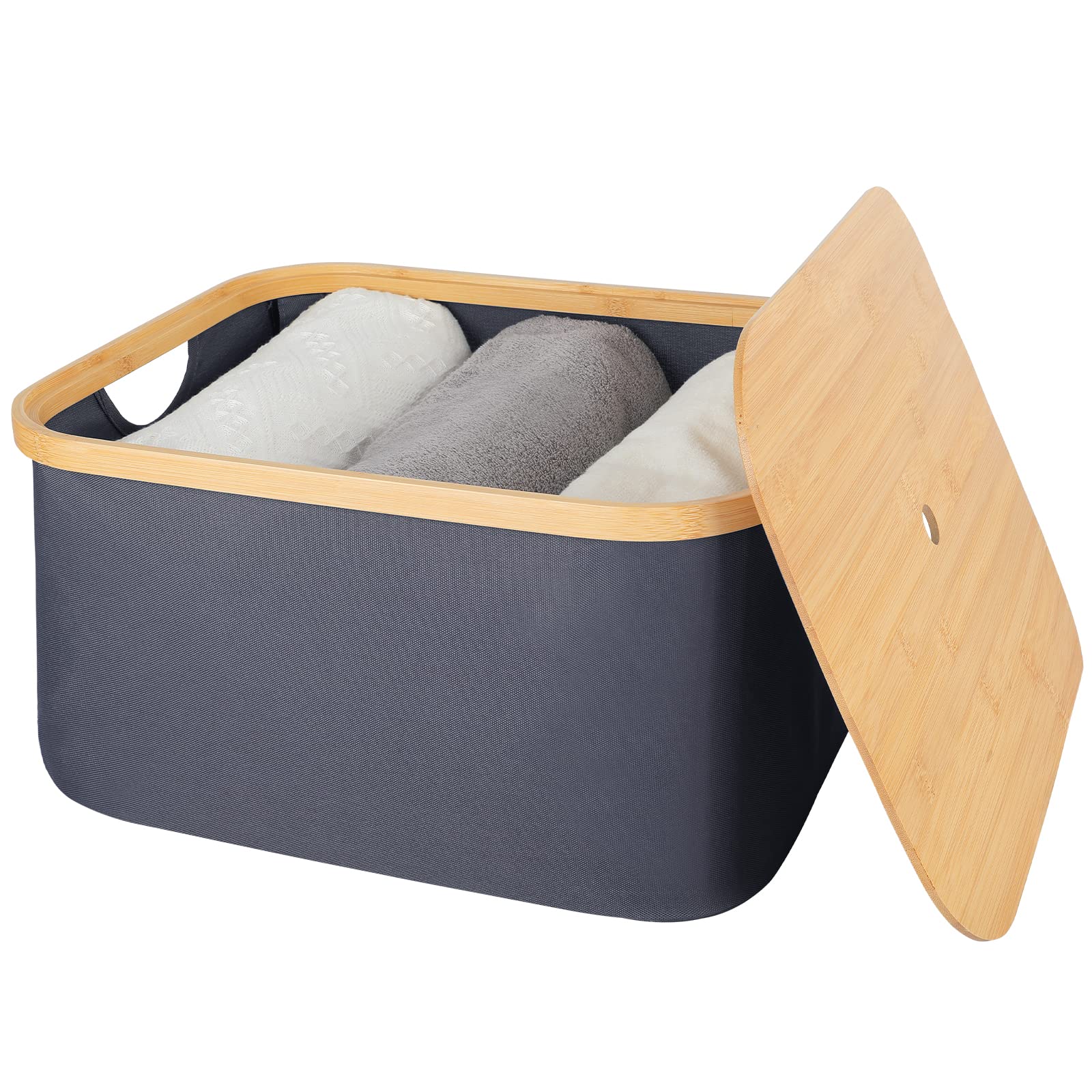ANMINY Storage Bin with Removable Bamboo Lid Handles Canvas Basket Box Stackable Lidded Closet Cabinet Shelf Cube Foldable Decorative Clothes Organizer Laundry Container - Gray, Large