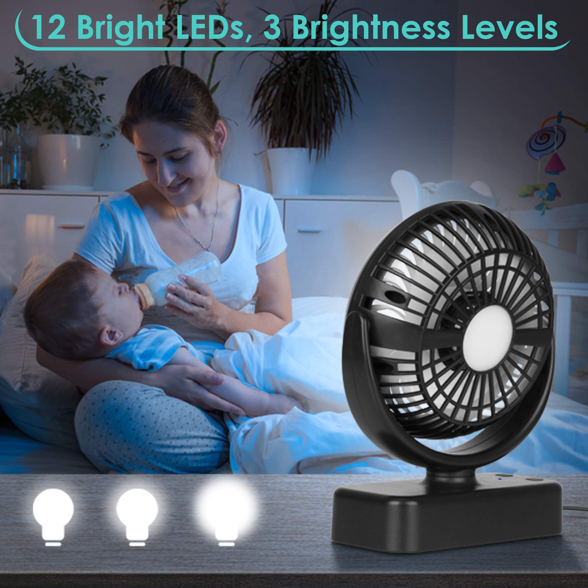 7-Inch Desk Fan, USB Operated Desktop Fan With 3 Speeds, Hanging Hook, LED Lantern, Table Cooling Fan for Home Office and More