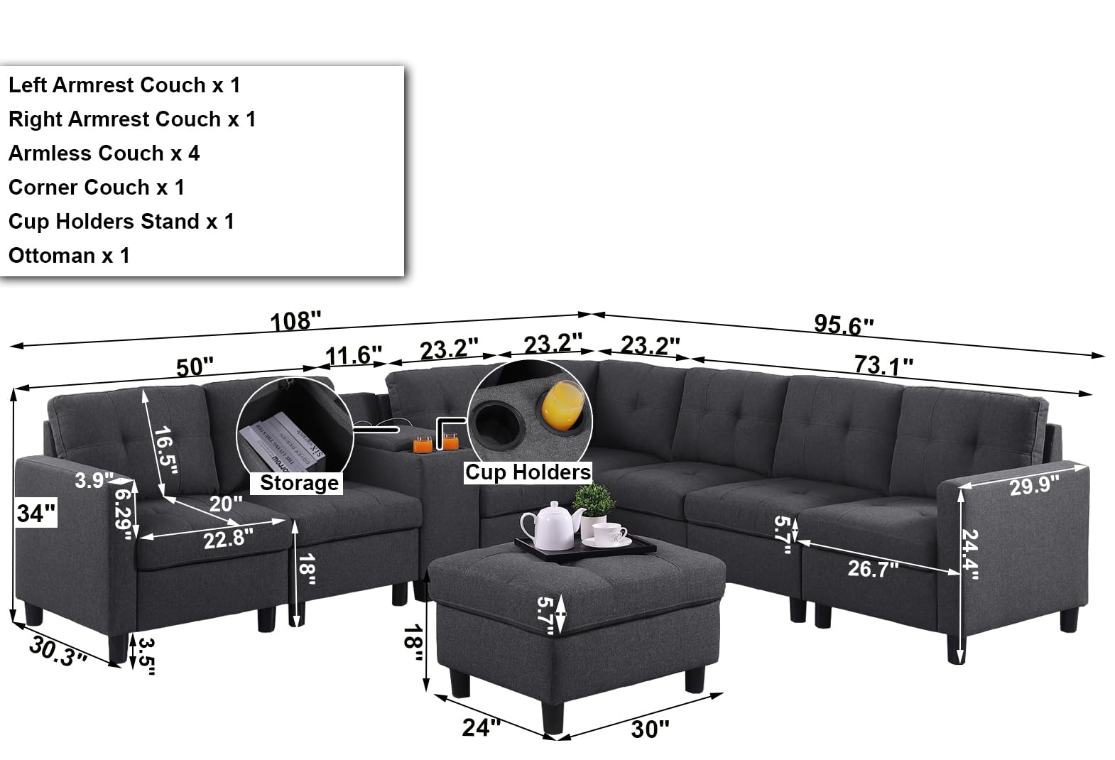 asunflower Modular Fabric Sectional Sofa Ottoman Set, L Shape Sofa Couch with Console, Cup Holder, Charging Ports Convertible Sectional Couch for Living Room Apartment