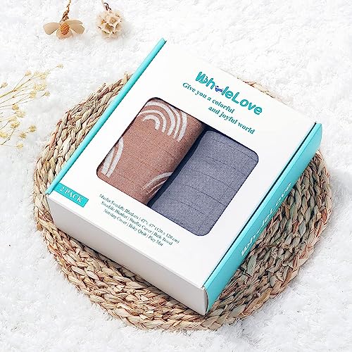 BabyWhale Muslin Swaddle Blanket, Boho Brown Rainbow Pattern Swaddle and Solid Color Swaddle for Newborn Baby Boys & Girls, Unisex Silky Soft Breathable Receiving Swaddle Wrap, 47x47 inches, 2 Pack