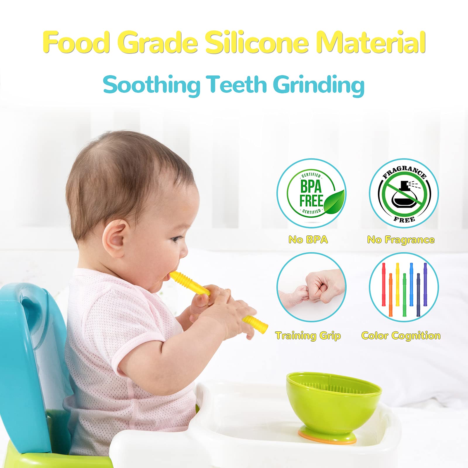 Baby Teething Toys 7 Pack, Soft Silicone Baby Teether Tubes, Baby Hollow Teether Sensory Toys Gum Massager, BPA Free & Freezer Safe