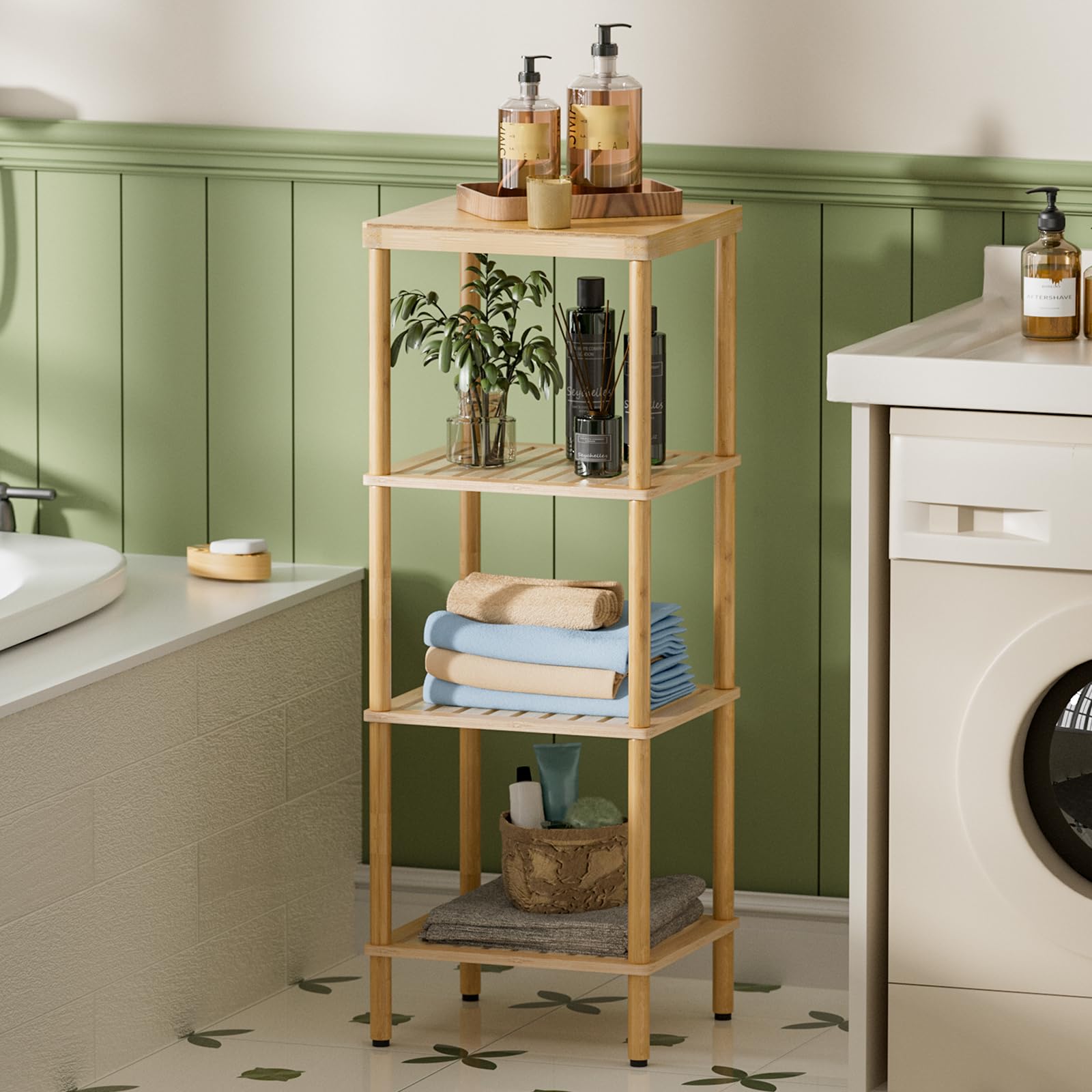 AmazerBath Bamboo Bathroom Shelf, 4-Tier Bathroom Storage Shelf, Multifunctional Storage Rack for Living Room Bedroom Kitchen, Space Saver