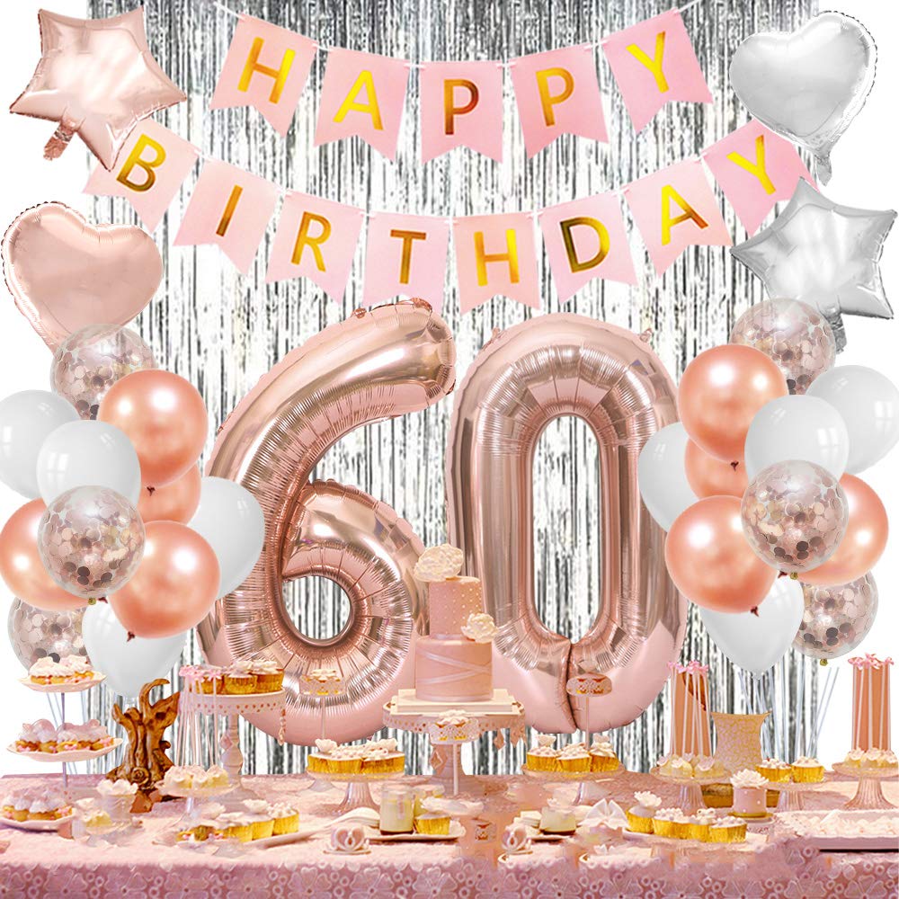 60th Birthday Decorations for Women Rose Gold Happy 60 Birthday Banner 60th Birthday Party Decorations 60 Balloon Numbers