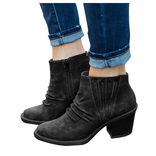 Padaleks Women's Closed Toe Side Zip Ankle Bootie Faux Leather Western Cowboy Stacked Heels Shoes Short Booties