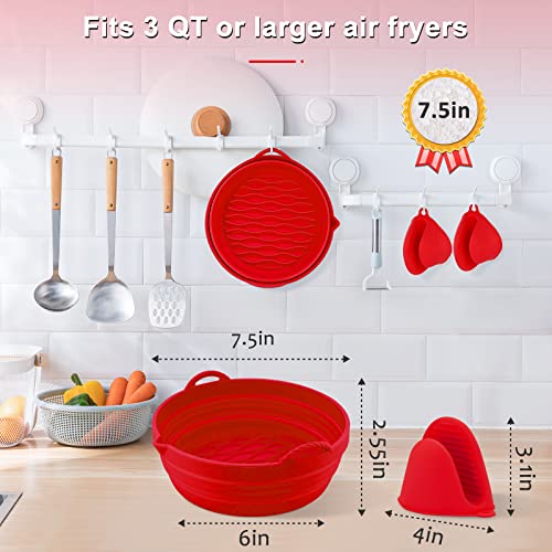 Air fryer Silicone Liners Reusable, 7.5IN Air Fryer Silicone Pot, Foldable Silicone Air Fryer Basket with Silicone Oven Mitts (Red)