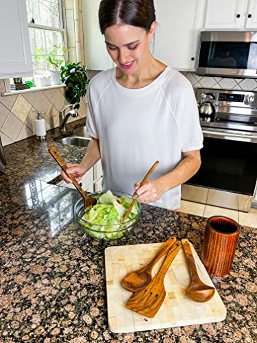 5 Piece Teak Wooden Cooking Spoons Set and Wooden Holder for Storage, Includes Spatulas, Ladle, Strainer, and Mixing Spoon