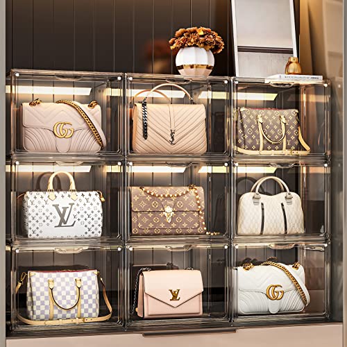 Clear Handbag Storage Organizer for Closet, 3 Packs Acrylic Display Case for Purse/Handbag, Plastic Storage Containers with Magnetic Door, Acrylic Box Organizers for Collectibles, Toys, Figures