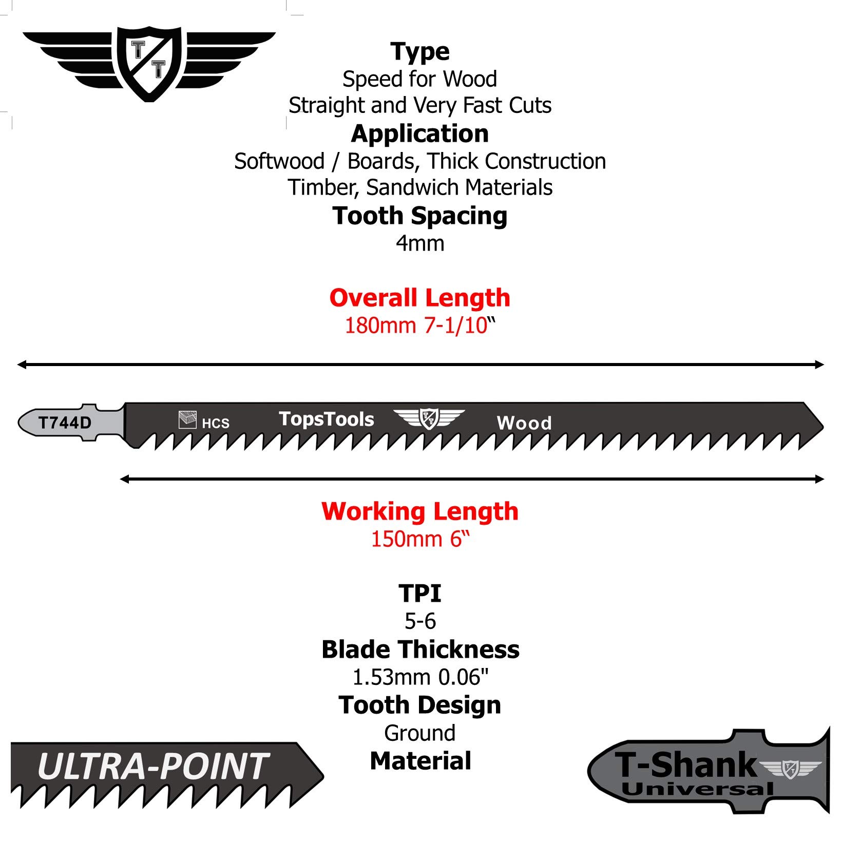 5 x TopsTools JSTT744D T744D 7-1/10" (180mm) Long Clean and Fast Cuts Wood Cutting Jigsaw Blades Compatible with Bosch, Dewalt, Makita, Milwaukee and many more