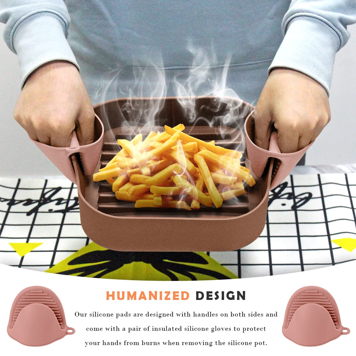 Air Fryer Silicone Pot - Silicone Air Fryer Reusable Liners for 5.5 QT or Bigger Square, Food Safe Reusable Air Fryer Silicone Basket,Easy Cleaning Air Fryer Pan with Heat-proof Gloves (Brown)